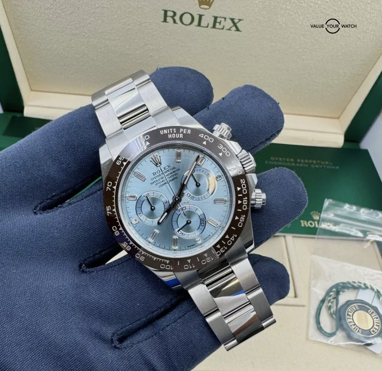 2020 Baguette Ice Blue Diamond Dial Platinum Daytona Complete Set MINT ...